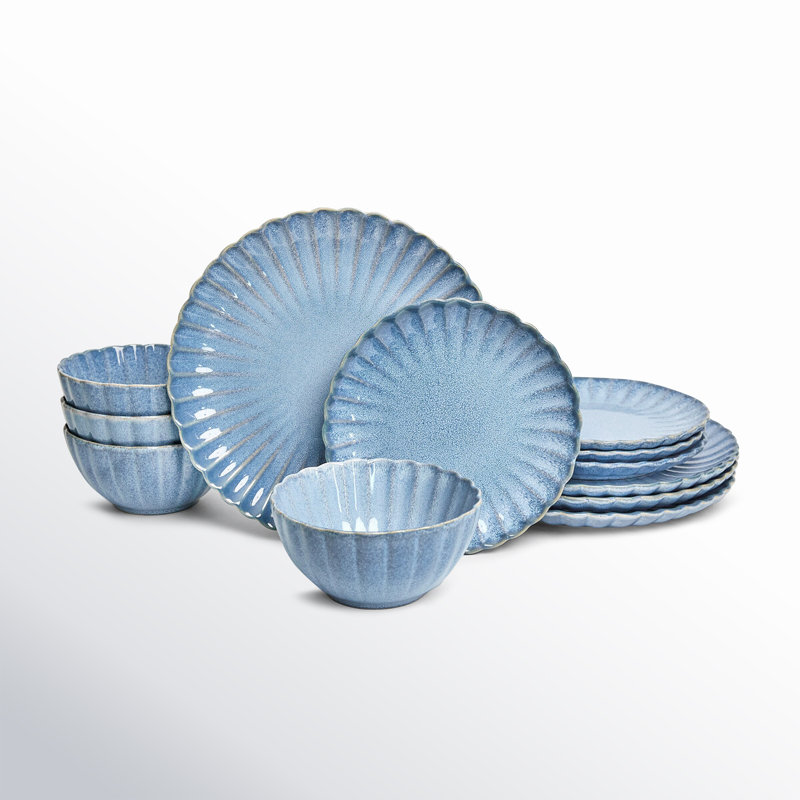 Sango Frill 12-Piece Casual Reactive Blue Dinnerware Set - Service For 4, Made Of Durable ...